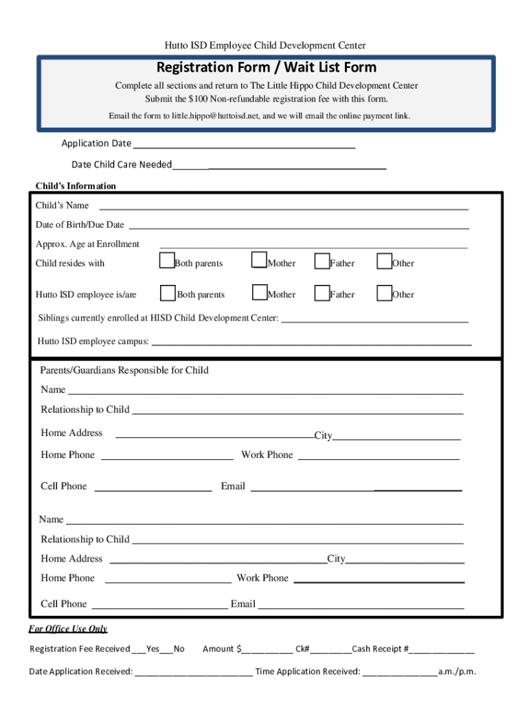 Fillable Online Hutto Isd Employee Child Development Center Registration Fax Email Print - pdfFiller