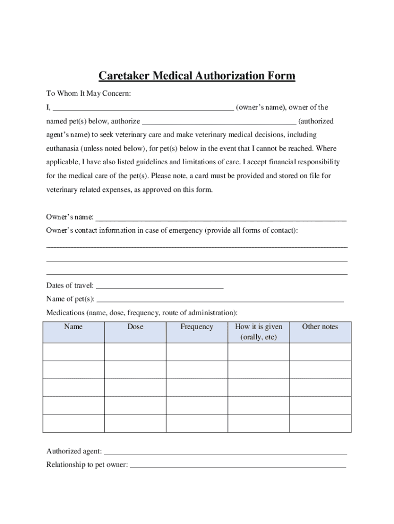 Fillable Online Caretaker Medical Authorization for Veterinary Care Fax ...