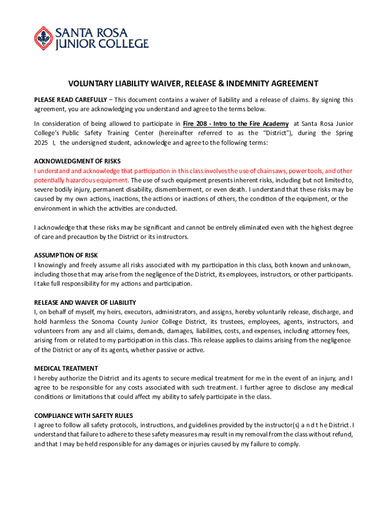 Fillable Online Liability Waiver for Fire Academy Participation Fax ...