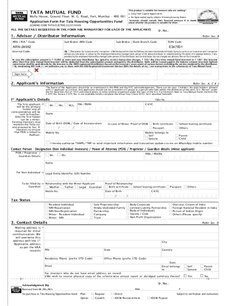 Fillable Online Application Form for Tata Housing Opportunities Fund Fax Email Print - pdfFiller