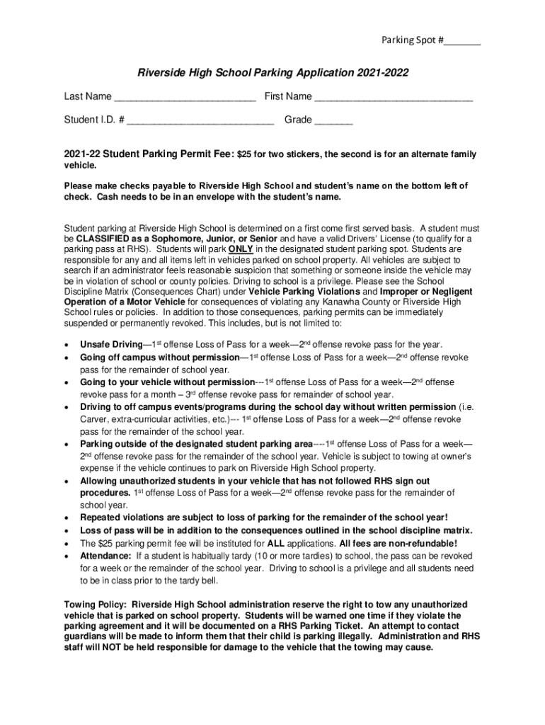Fillable Online Riverside High School Parking Application Fax Email Print - pdfFiller