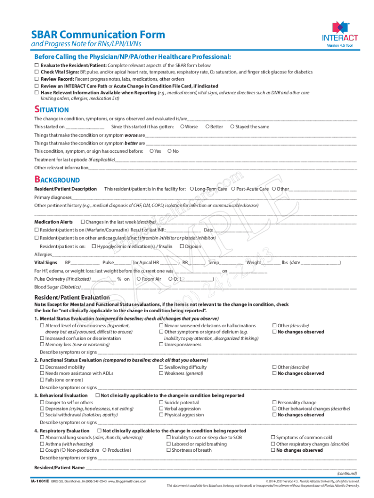 Fillable Online Sbar Communication Form and Progress Note for Rns/lpn ...