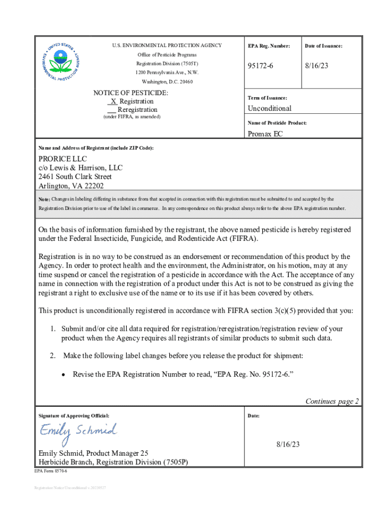 Fillable Online Epa Registration Notice for Promax Ec Fax Email Print ...