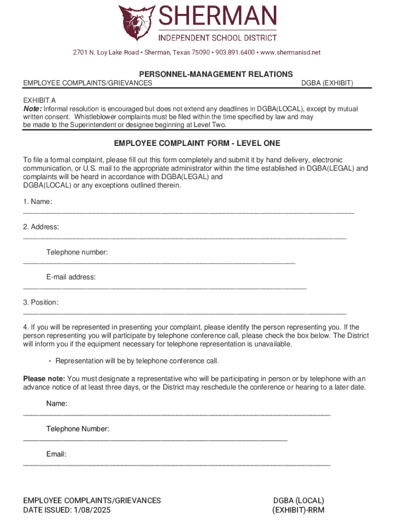 Fillable Online Personnel Management Relations - Employee Complaints ...