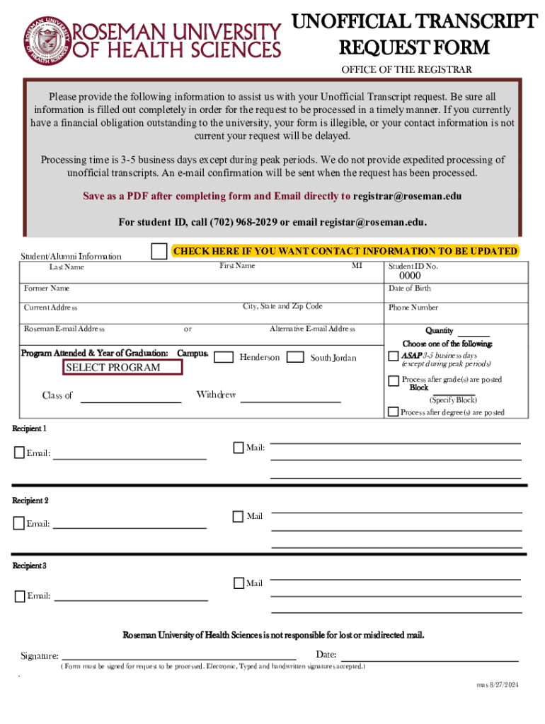 Fillable Online Request for Unofficial Transcript Fax Email Print ...