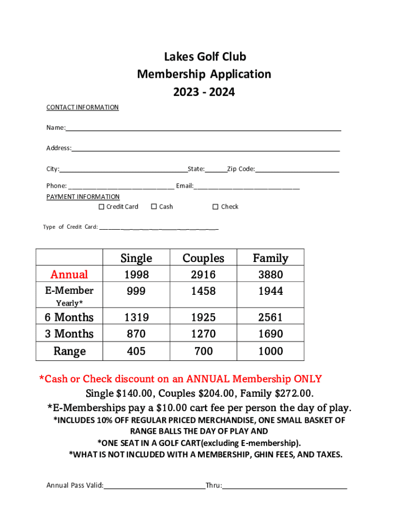 Fillable Online Lakes Golf Club Membership Application 2023 - 2024 Fax ...
