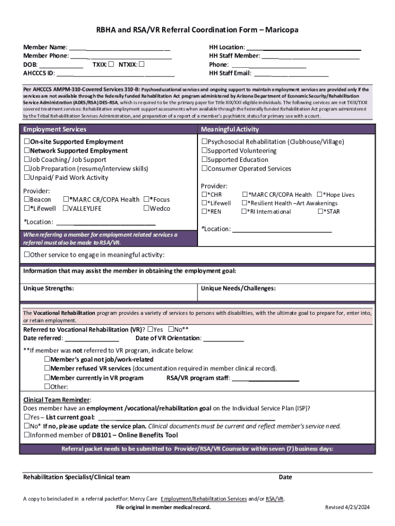 Fillable Online ACTRBHA and RSA/VR Referral Coordination Form Fax Email ...