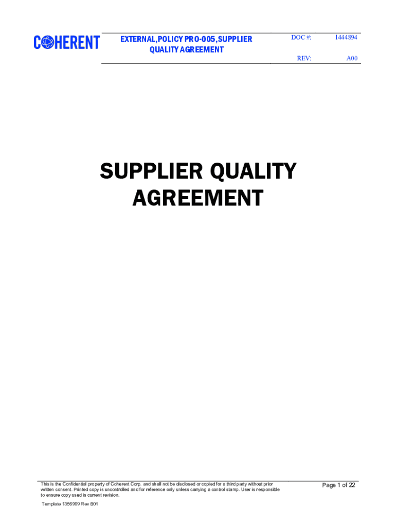 Fillable Online Supplier Quality Agreement TemplatePDF Fax Email Print ...