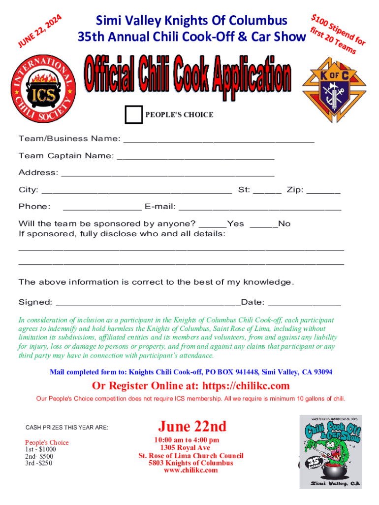 Fillable Online 35th Annual Knights of Columbus Chili Cook-Off & Car ... Fax Email Print - pdfFiller