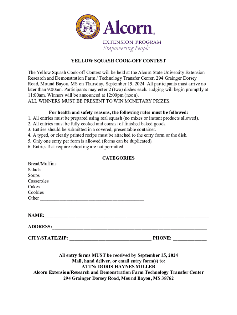 Fillable Online Yellow Squash Cook-off Contest Fax Email Print - pdfFiller