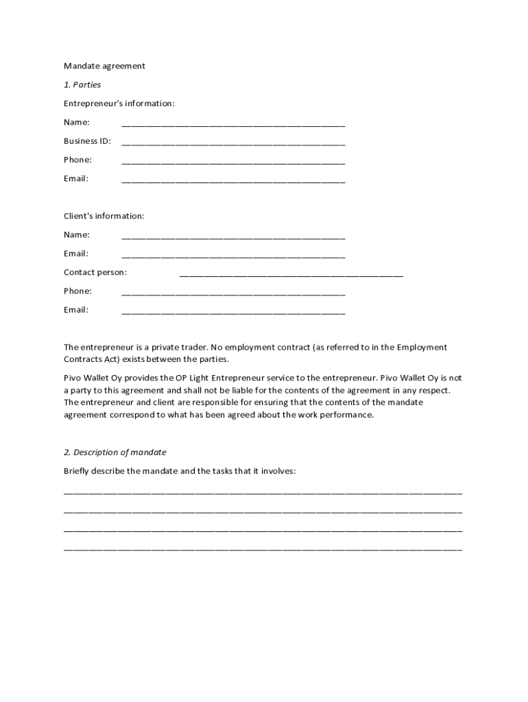 Fillable Online Mandate Agreement Between Entrepreneur and Client Fax ...