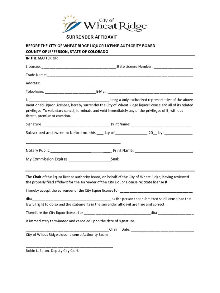 Fillable Online surrender affidavit before the city of wheat ridge ...