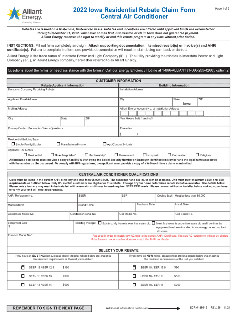 Fillable Online 2022 Iowa Residential Rebate Claim Form Central Air ...