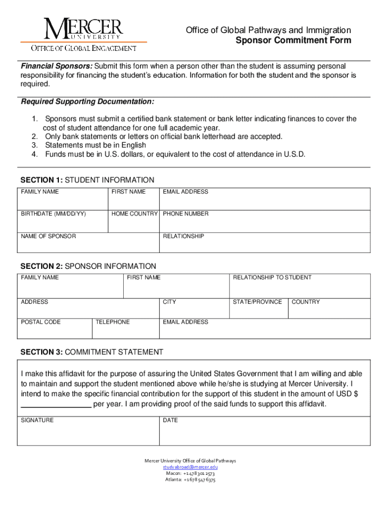 Fillable Online Sponsor Commitment Form for Financial Responsibility Fax Email Print - pdfFiller
