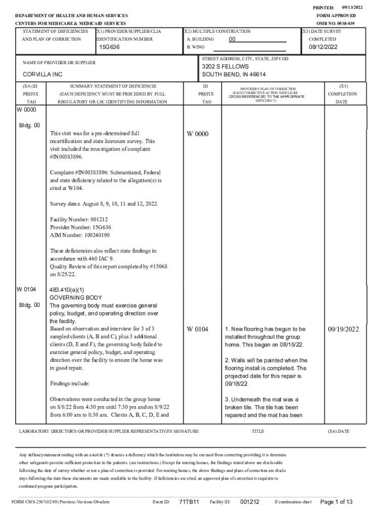 Fillable Online Statement of Deficiencies and Plan of Correction Fax ...