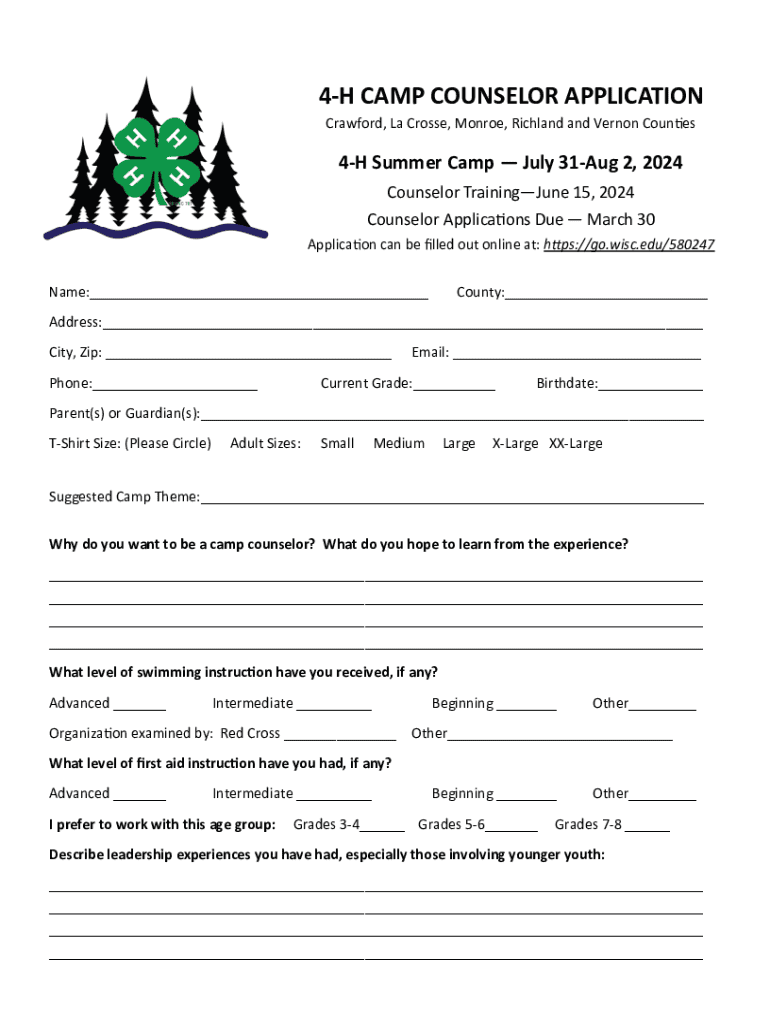 Fillable Online 2025 4-H Camp Counselor Applications - Purdue Extension Fax Email Print - pdfFiller