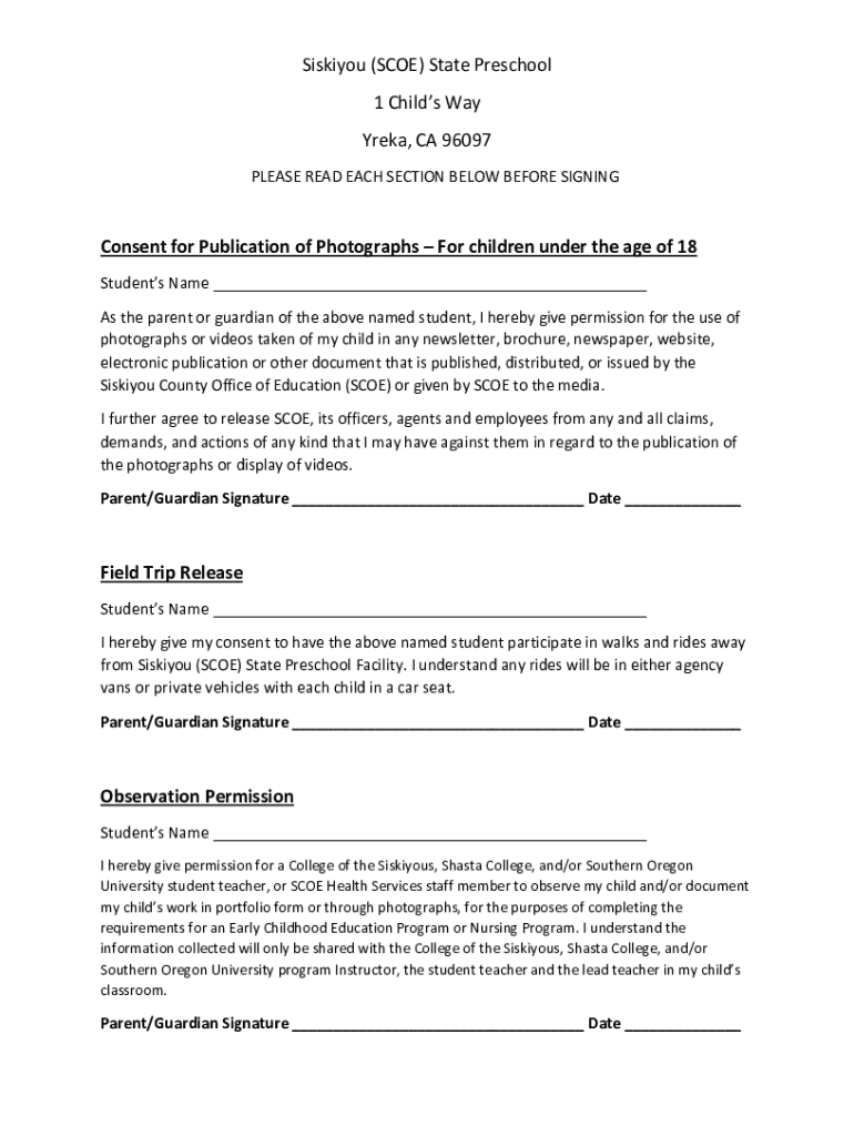 Fillable Online Consent for Publication, Field Trip Release, and ...