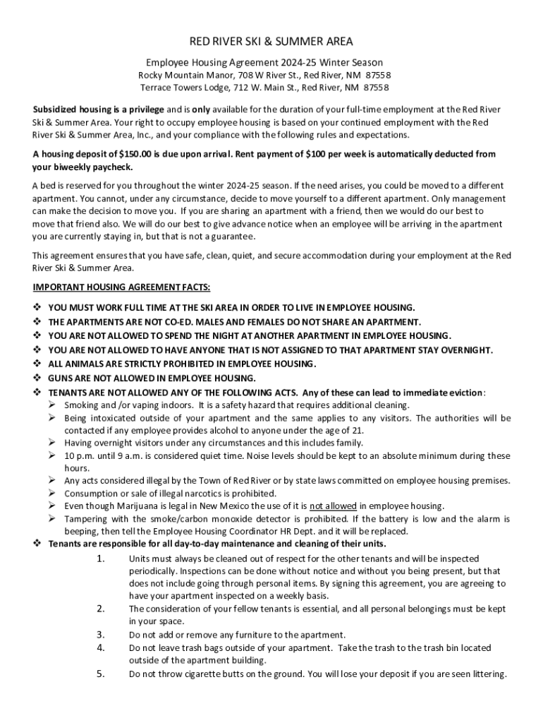 Fillable Online RED RIVER SKI & SUMMER AREA - Employee Housing Agreement ... Fax Email Print ...
