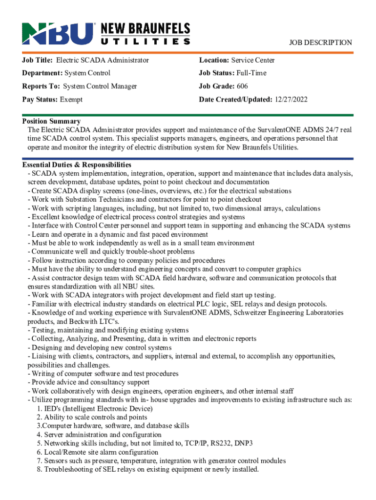 Fillable Online Job Description for Electric Scada Administrator Fax ...