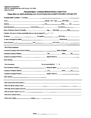 Fillable Online Personal Injury / Collision Medical History Intake Form ...