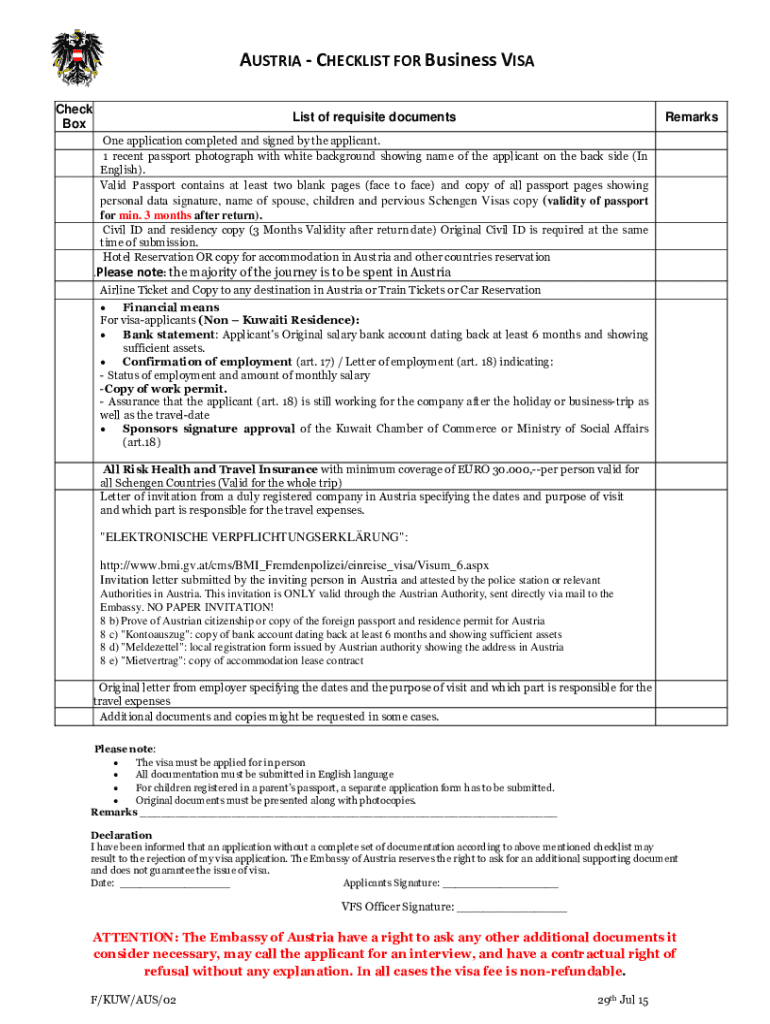 Fillable Online Austria Business Visa Requirements (Documents Checklist ...
