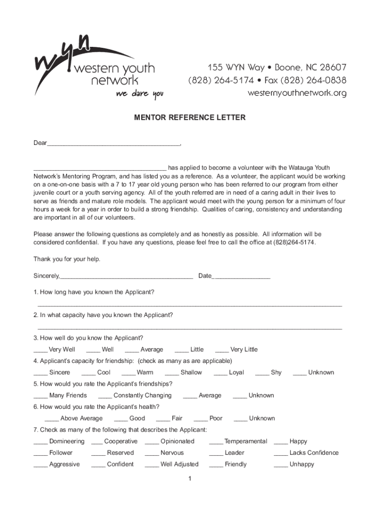 Fillable Online Watauga Youth Network Mentoring Program Reference Fax Email Print - pdfFiller