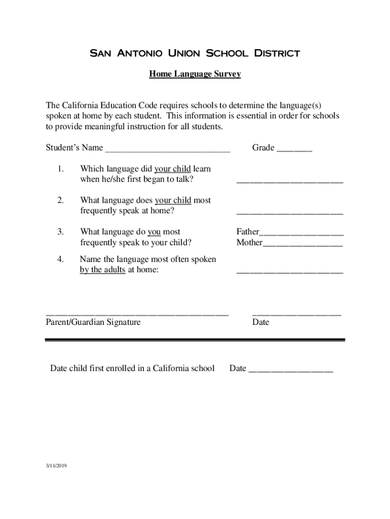 Fillable Online San Antonio Union School District Home Language Survey ...
