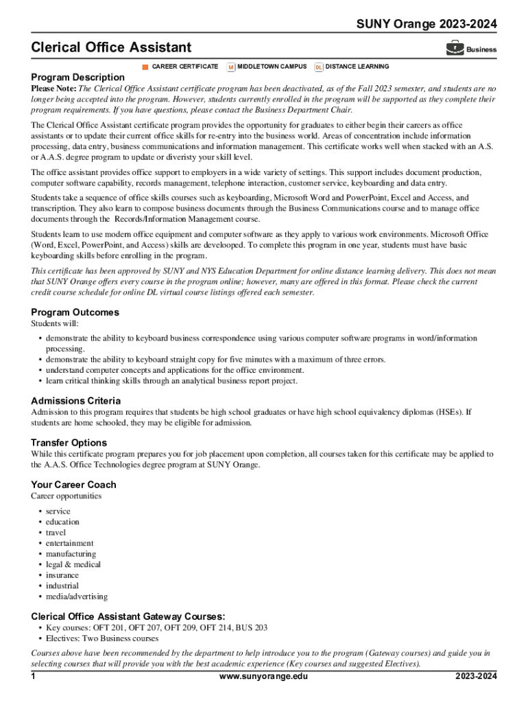 Fillable Online Clerical Office Assistant Program Description Fax Email ...