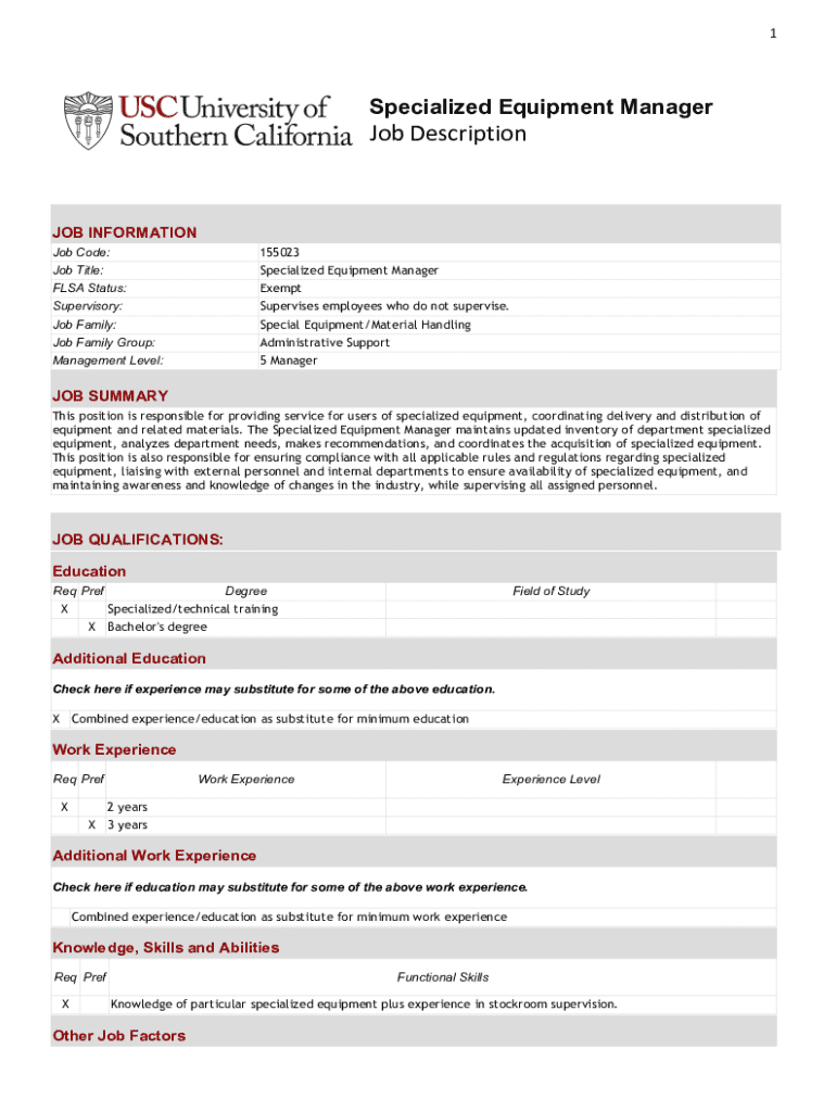 Fillable Online Equipment Supervisor Job Description Fax Email Print - pdfFiller