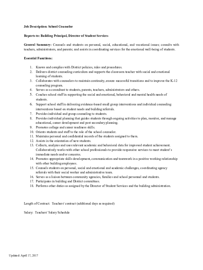 Fillable Online School Counselor Job Description Fax Email Print ...