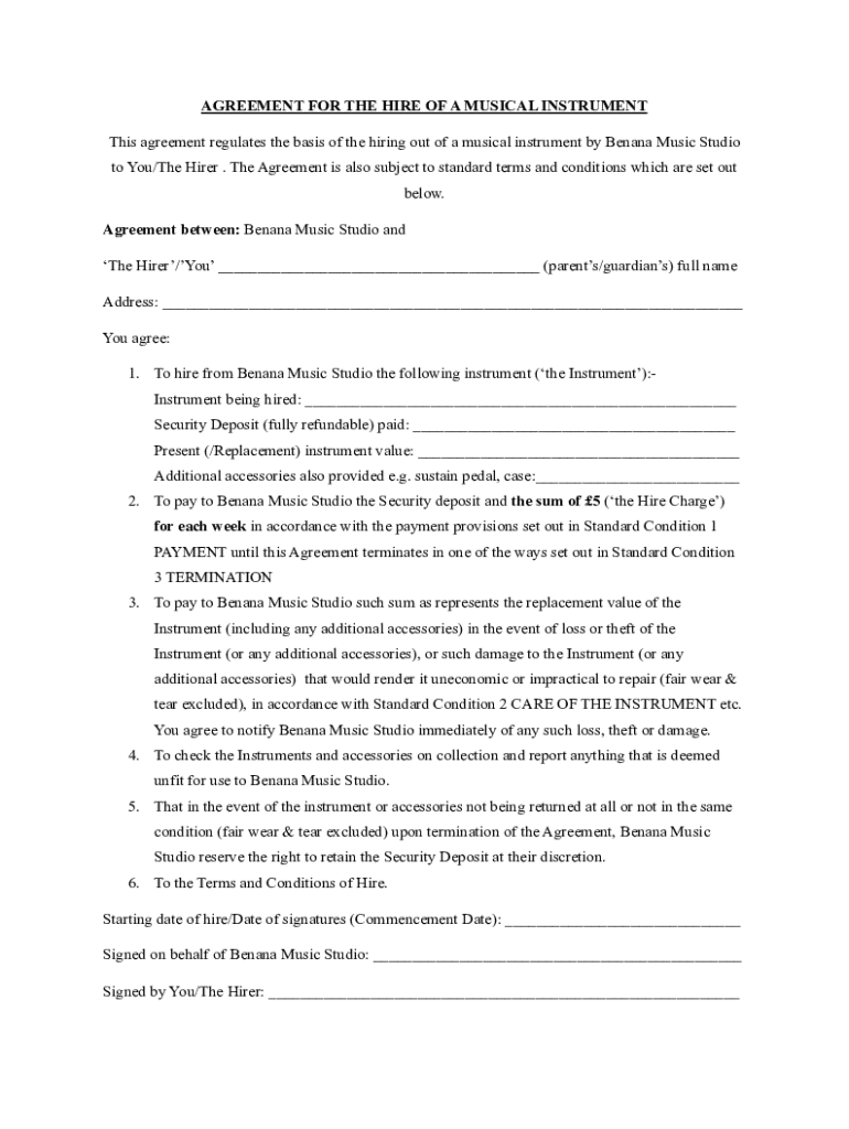 Fillable Online Agreement for the Hire of a Musical Instrument Fax ...