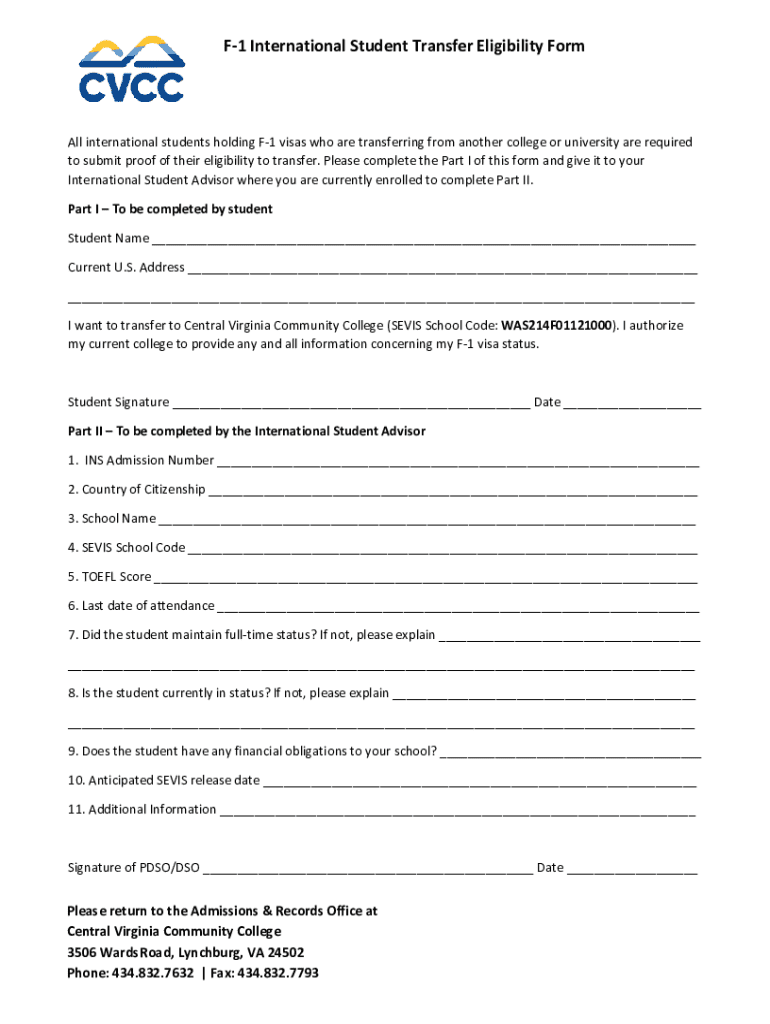 Fillable Online F-1 International Student Transfer Eligibility Fax ...