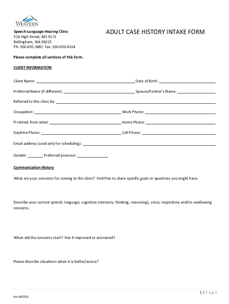 Fillable Online Adult Case History Intake Form Fax Email Print - pdfFiller