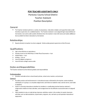 Teacher Assistant Position Description Doc Template | pdfFiller