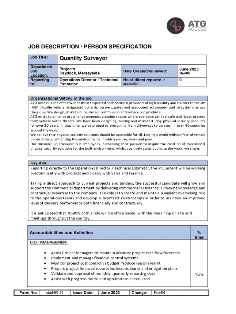 Fillable Online Job Description / Person Specification for Quantity ...