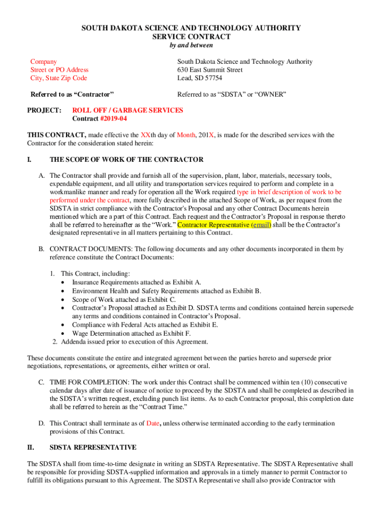 Fillable Online Service Contract Between Contractor and South Dakota Science and Technology ...