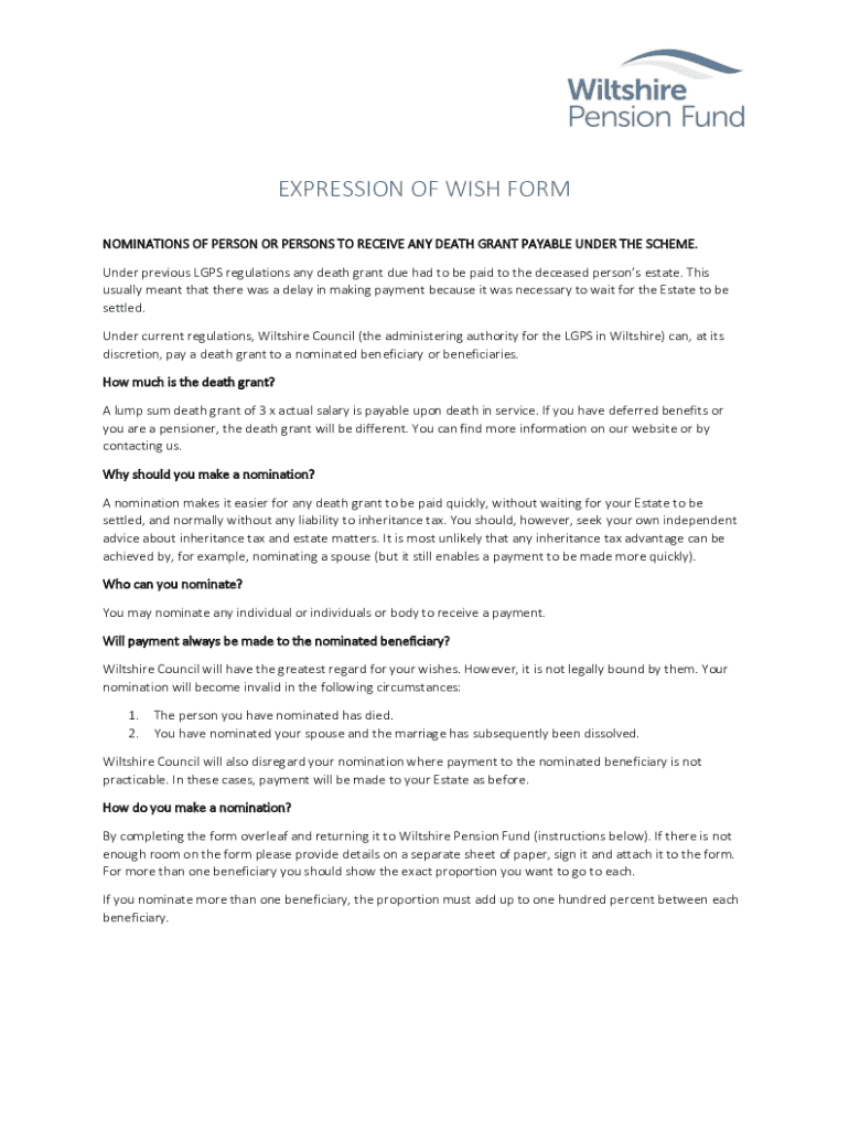 Fillable Online Expression of wish for payment of the Lump Sum Death ...