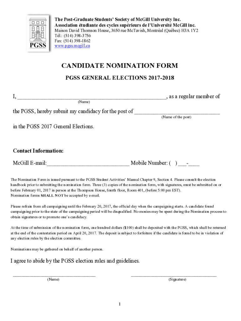 Fillable Online Candidate Nomination Form 2016-2017.doc Fax Email Print - pdfFiller