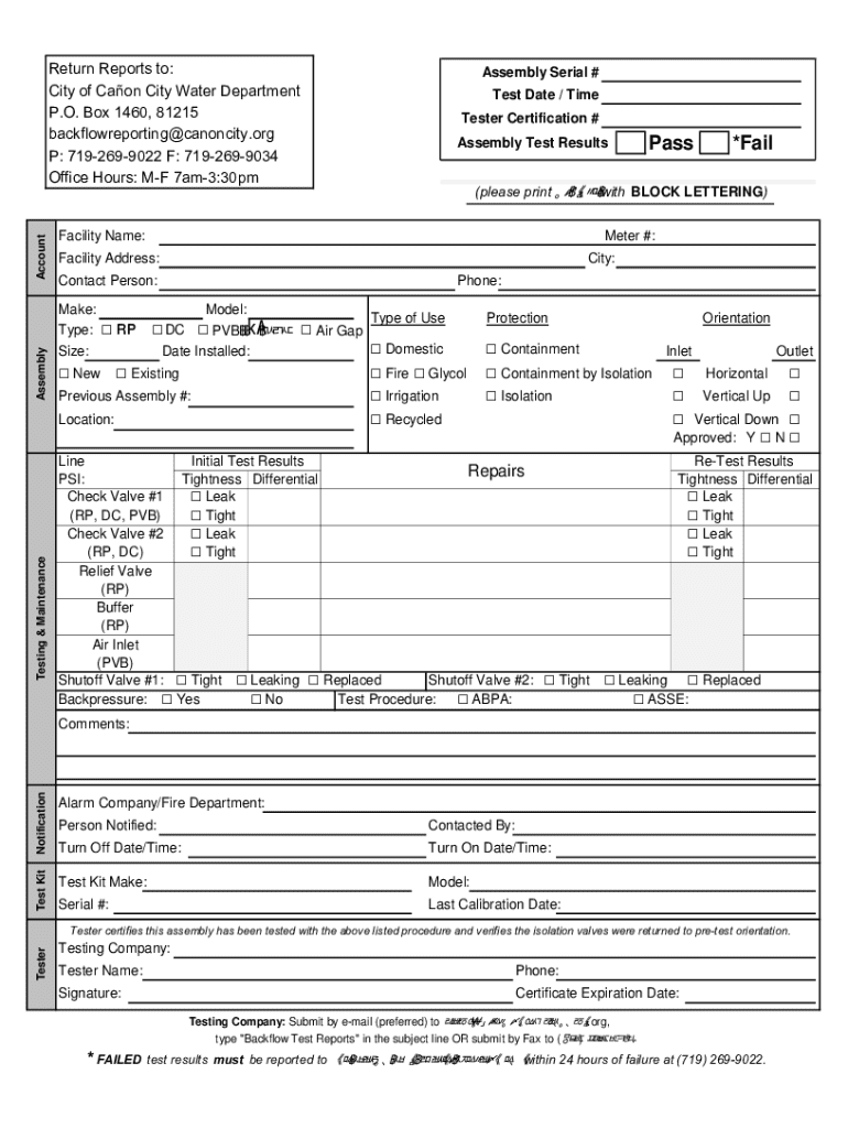 Fillable Online City of Canon City - Backflow Prevention Test Form PDF ...