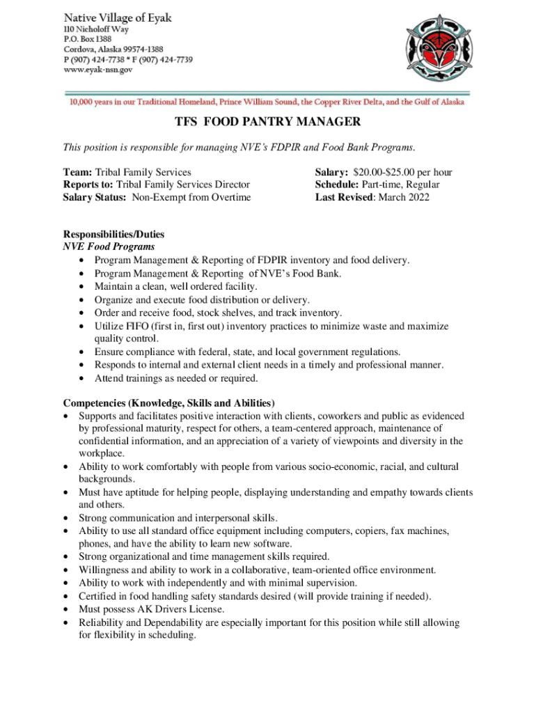 Fillable Online Food Pantry Manager Position Description Fax Email ...