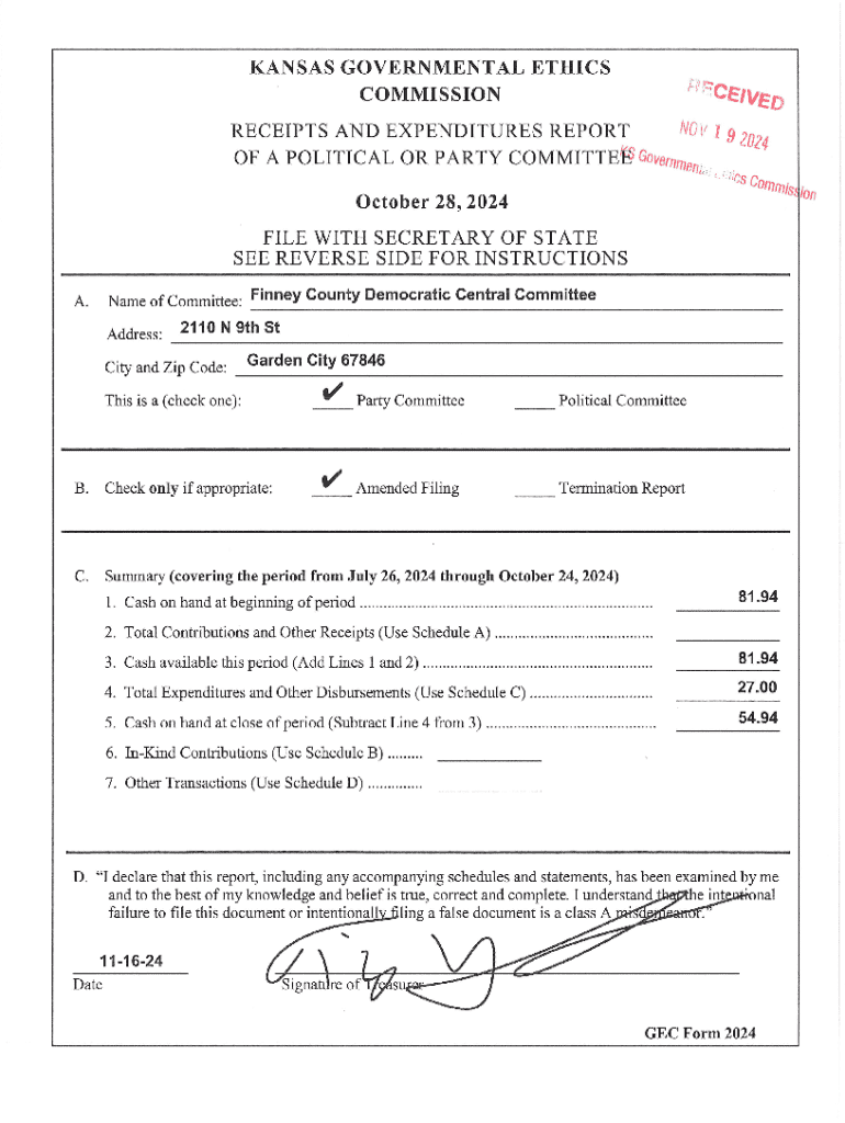 Fillable Online Kansas Governmental Ethics Commission - Receipts and Expenditures Report Fax ...