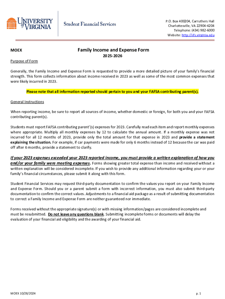 Fillable Online Family Income and Expense Form for 2025-2026 Fax Email ...