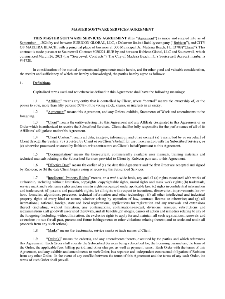 Fillable Online Master Software Services Agreement Between Rubicon ...