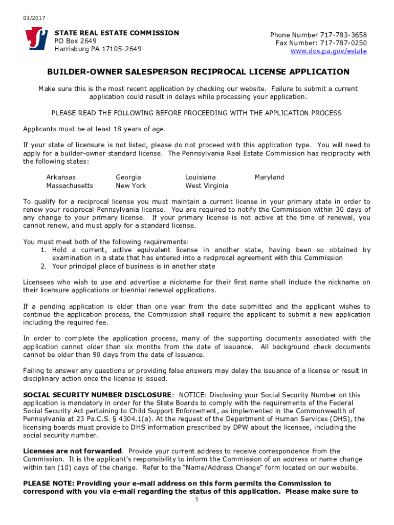 Fillable Online Builder-owner Salesperson Reciprocal License ...
