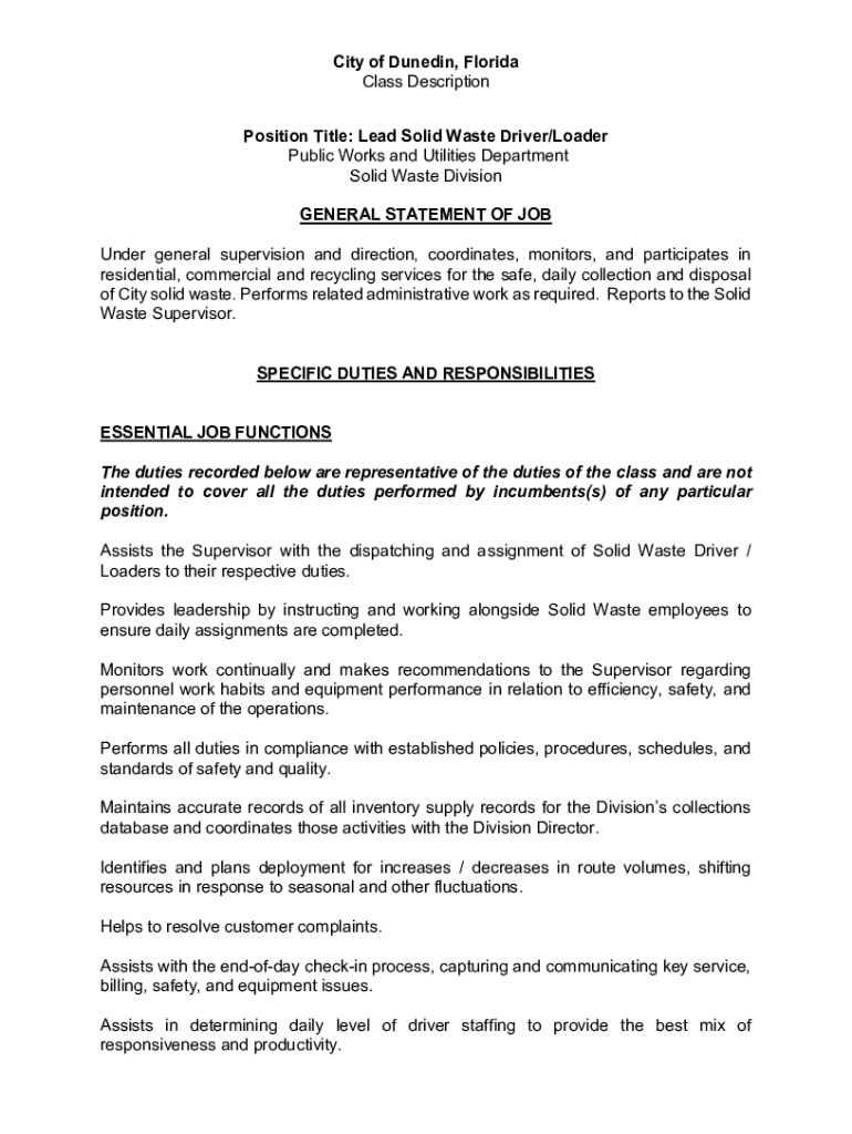 Fillable Online Job Description for Lead Solid Waste Driver/loader Fax ...