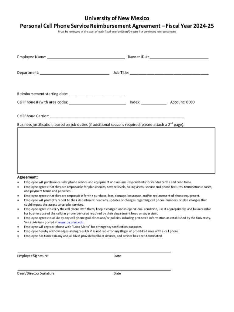 Fillable Online Cell Phone Reimbursement AgreementFiscal Year 2025