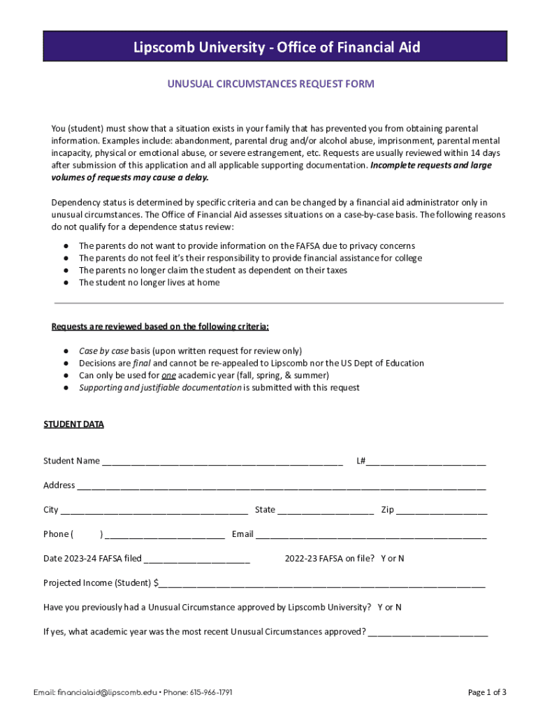 Fillable Online Unusual Circumstances Request - Lipscomb University Fax Email Print - pdfFiller