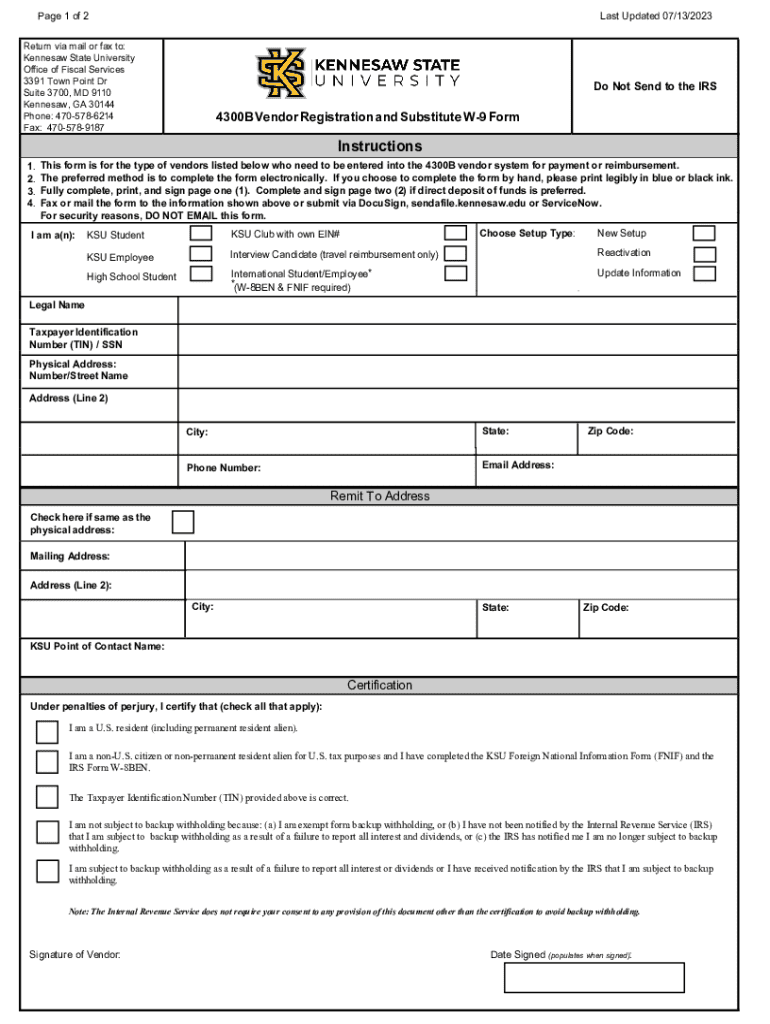 Fillable Online 4300b Vendor Registration and Substitute W-9 Form Fax Email Print - pdfFiller