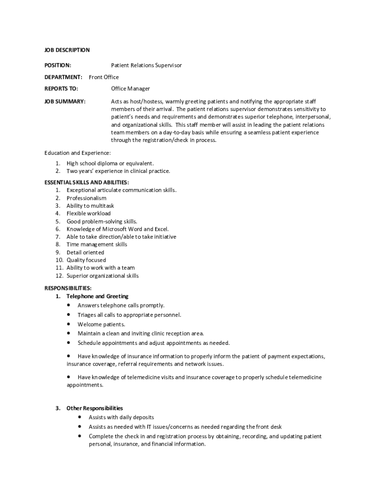 Fillable Online Job Description for Patient Relations Supervisor Fax ...