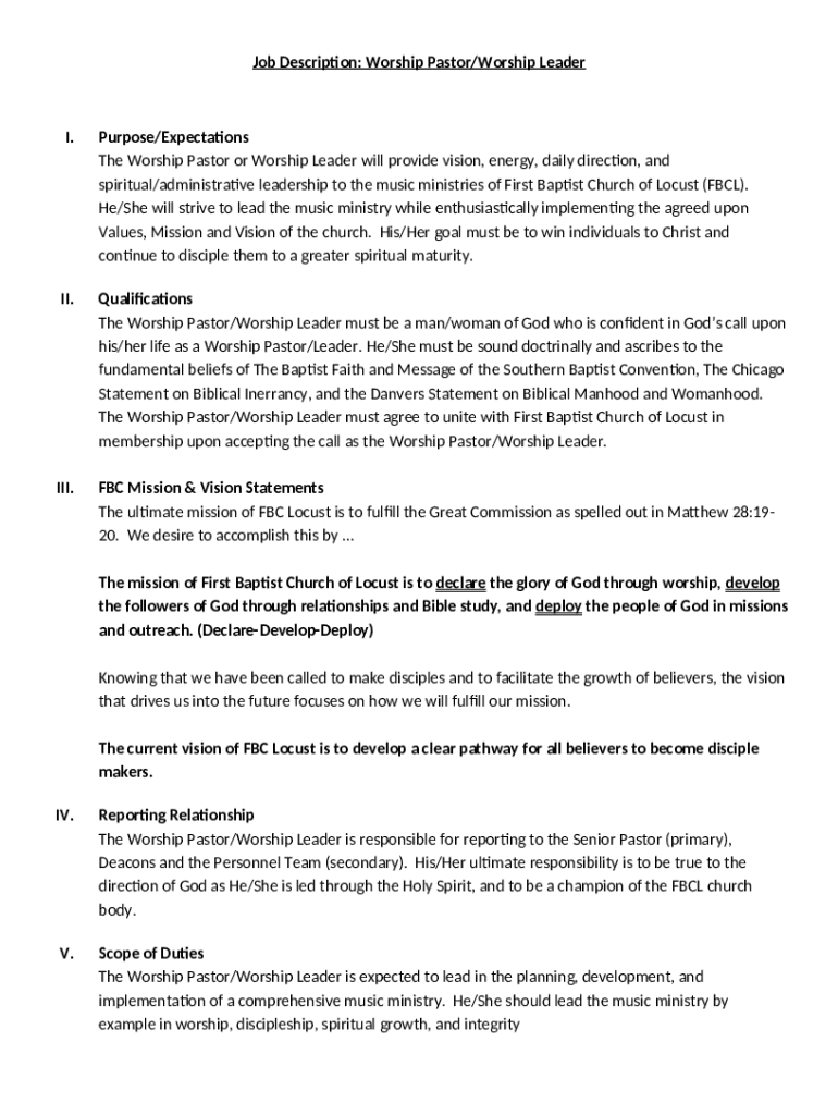 Worship Pastor/worship Leader Job Description Doc Template | pdfFiller